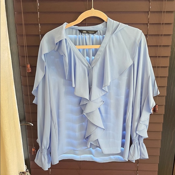 Zara | Tops | Zara Womens Light Blue Ruffle Blouse | Poshmark